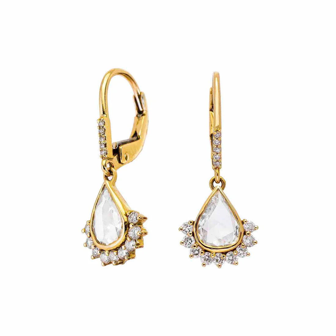 18K Yellow Gold “Bethany” Pear-Shaped White Rose-Cut Diamond Drop Earr ...