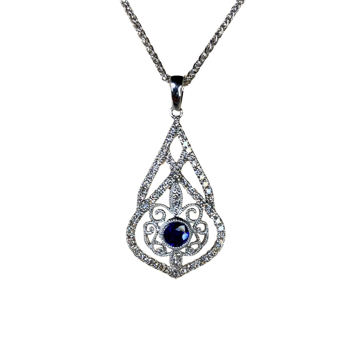 Sapphire & Diamond Pendant – 14K White Gold, Vintage-Inspired Design ...