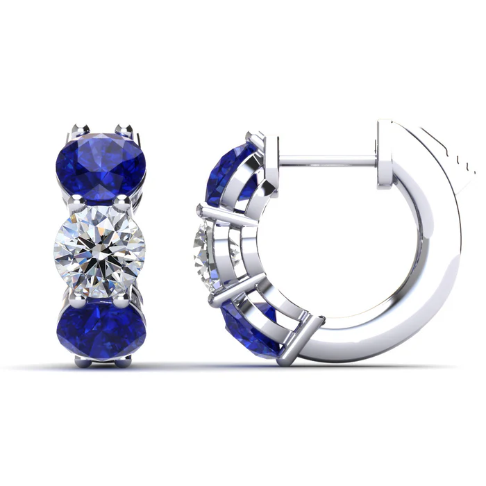 14K White Gold Sapphire Huggie Earrings with Diamond Accents – 1.12ctw ...